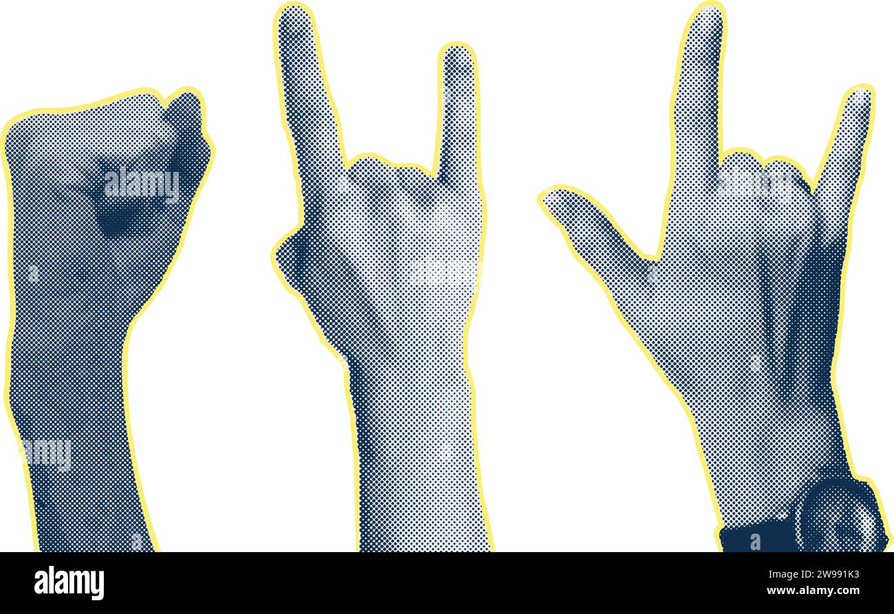 Trendy collage halftone elements with hand gestures, cutout shapes ...