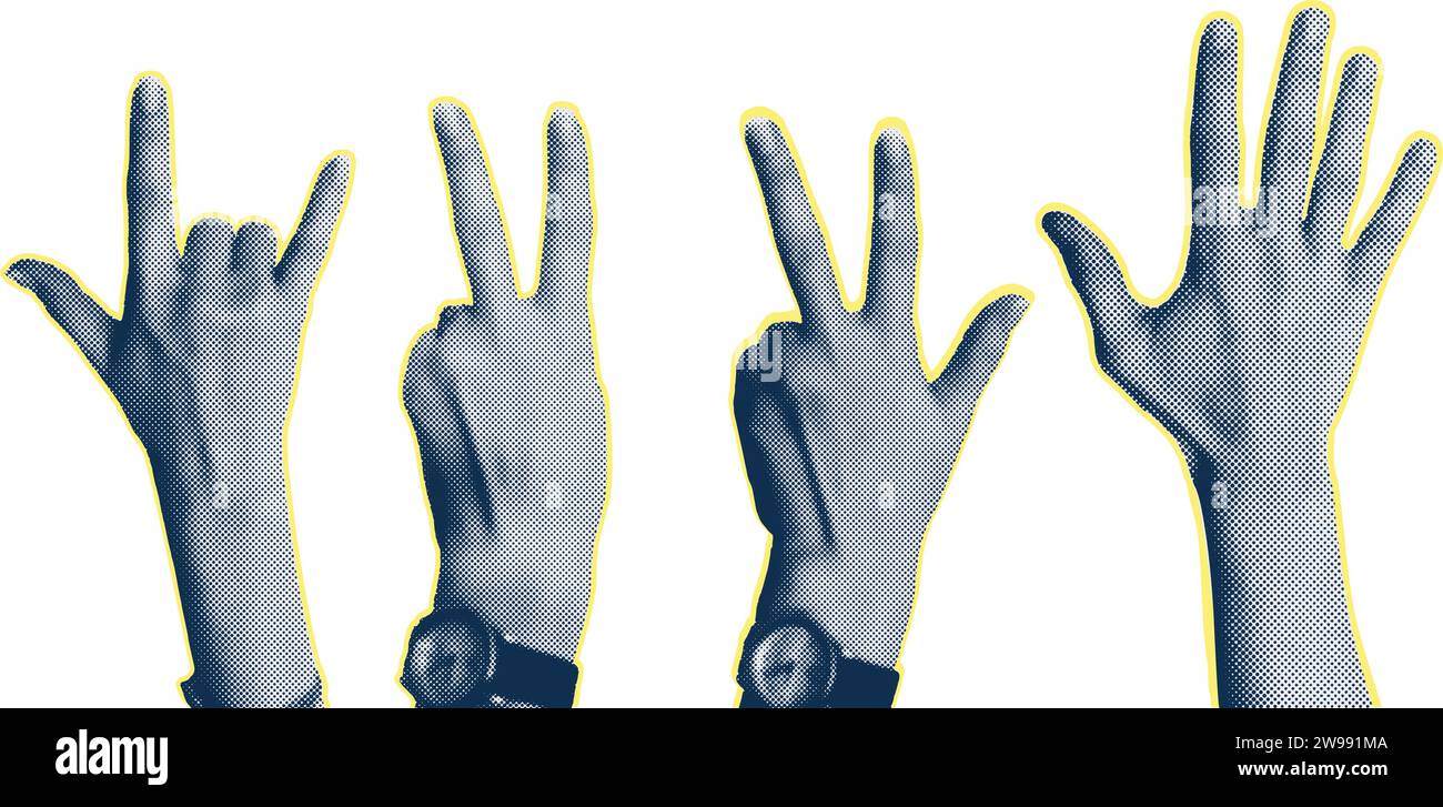 Trendy collage halftone elements with hand gestures, cutout shapes ...
