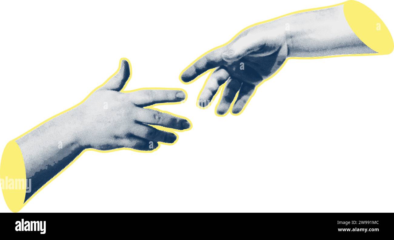 Trendy collage halftone elements with hand gestures, cutout shapes ...