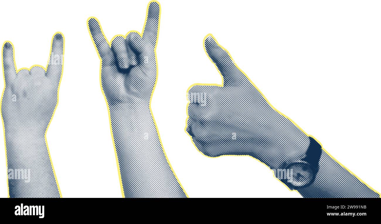 Trendy collage halftone elements with hand gestures, cutout shapes ...
