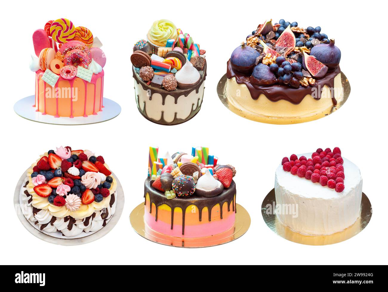 Set of beautiful bright multicolored cakes with sweets, chocolate ...