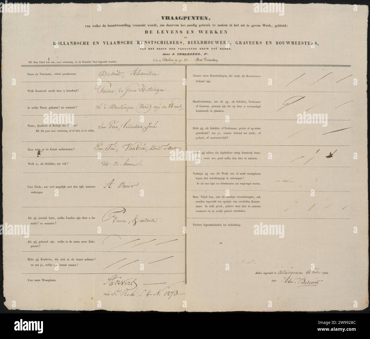 Survey form completed by Alexandre-Louis-Benjamin Desmit, Johannes ...