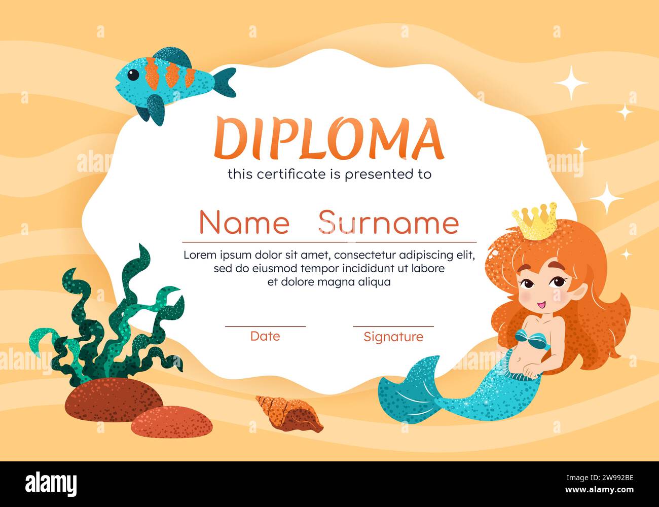 Diploma certificate template with cute mermaid for kids Stock Vector ...