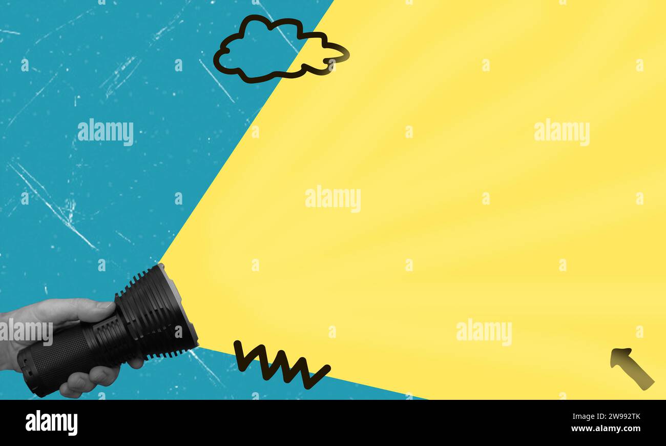 Modern art collage depicting a hand holding a flashlight. Concept of ...
