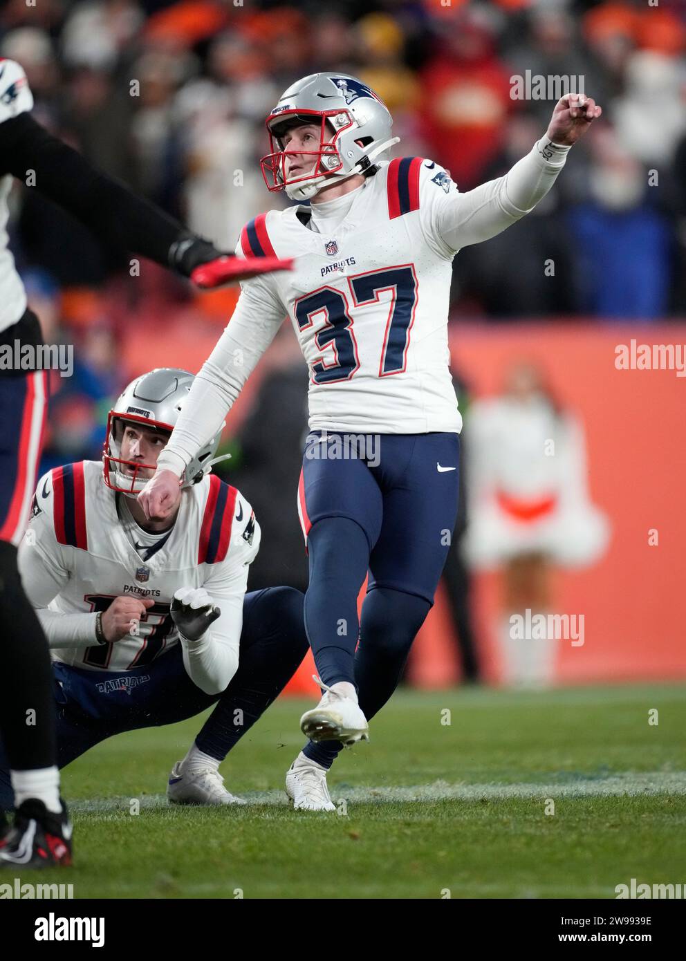 New England Patriots place kicker Chad Ryland (37) kicks the winning ...