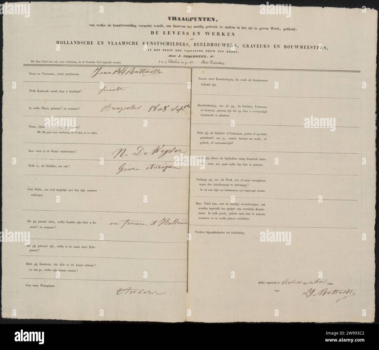 Survey form completed by Jean Bataille, Johannes Immerzeel, 1840 ...