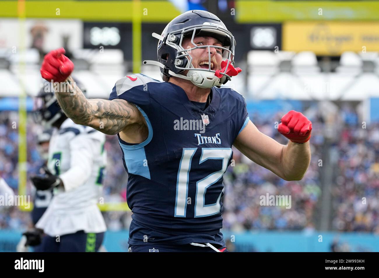Tennessee Titans wide receiver Mason Kinsey (12) celebrates a penalty ...