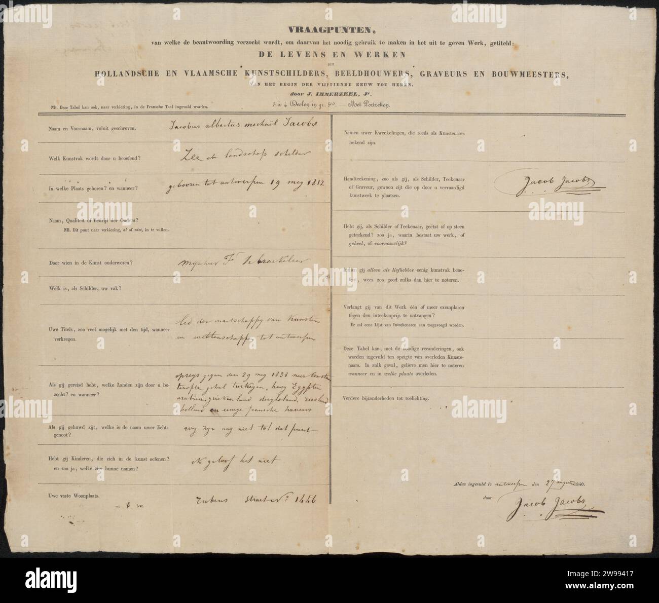 Survey form completed by Jacob Jacobs, Johannes Immerzeel, 1840 ...