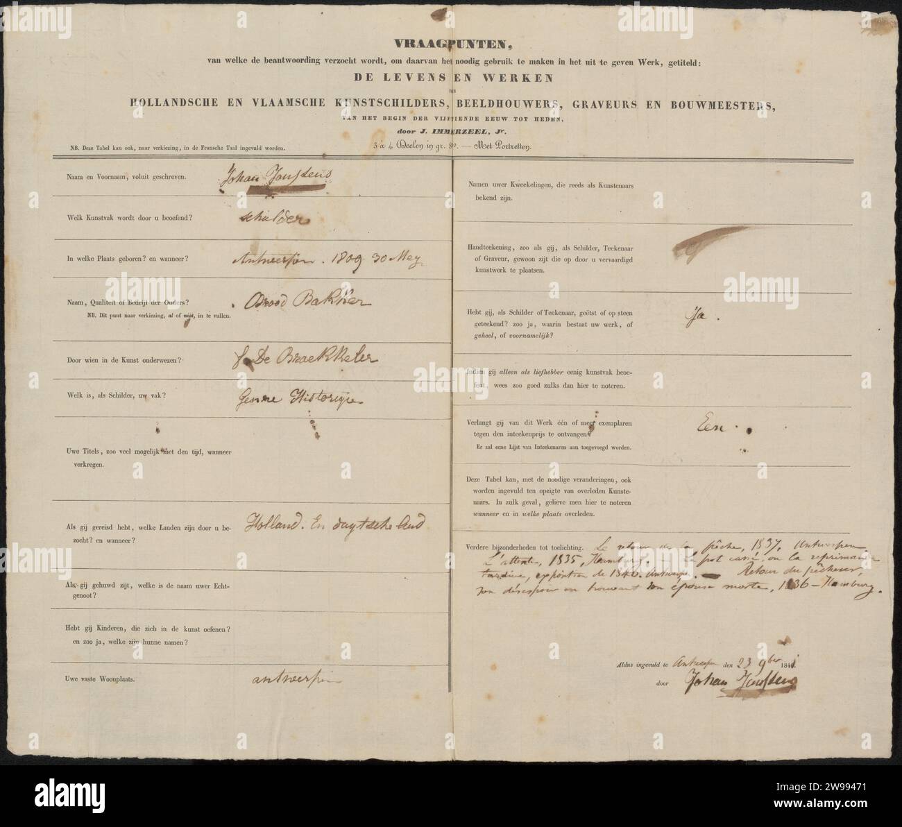 Survey form completed by Johan Janssens, Johannes Immerzeel, 1841 ...