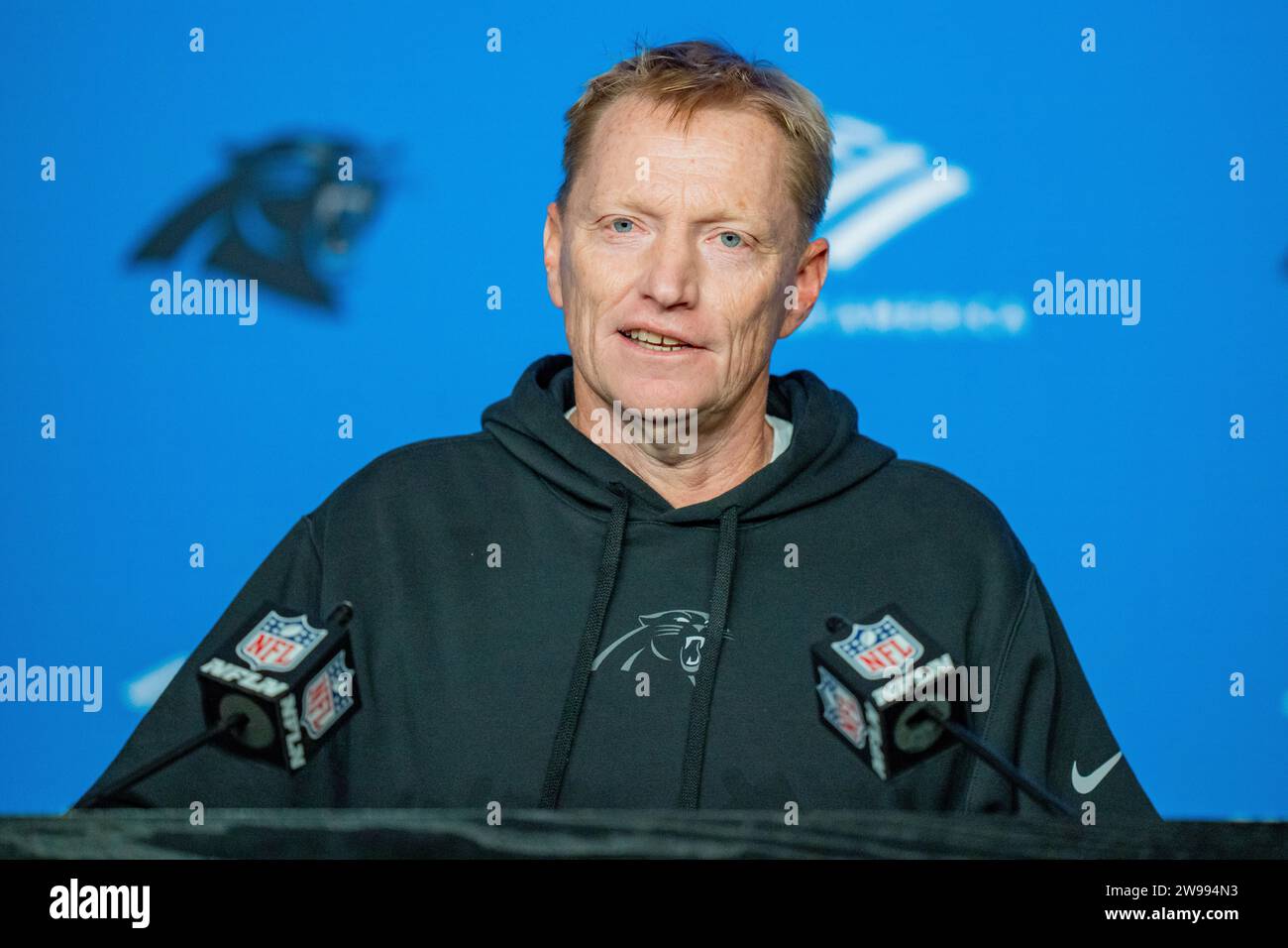 Carolina Panthers head coach Chris Tabor talks to the media after ...