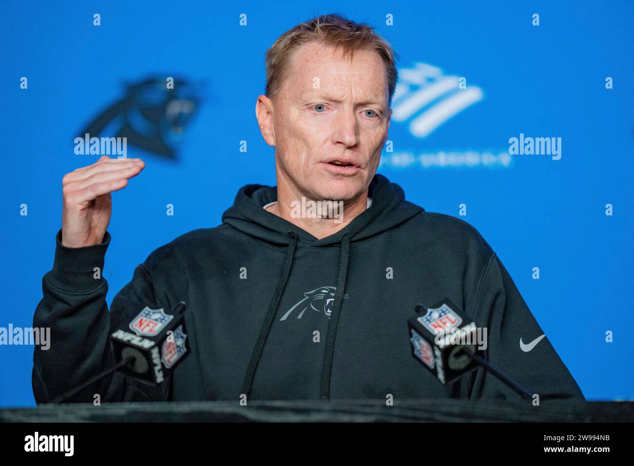 Carolina Panthers head coach Chris Tabor talks to the media after ...