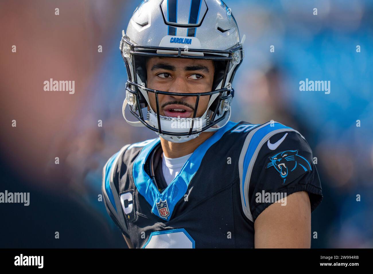 Carolina Panthers quarterback Bryce Young (9) warms up before an NFL ...