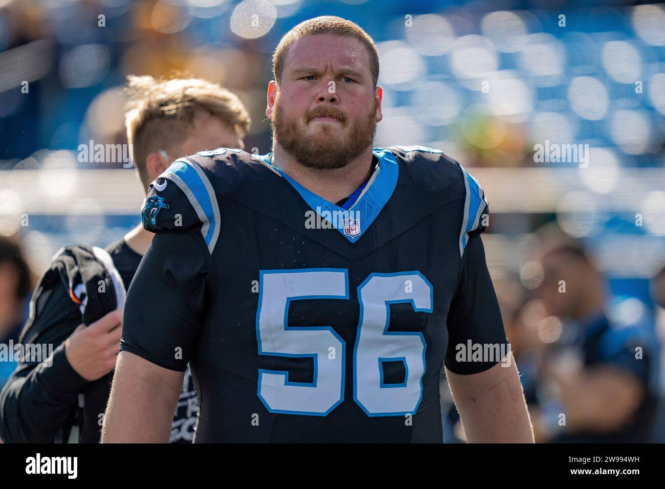 Carolina Panthers center Bradley Bozeman (56) warms up before an NFL ... Carolina Panthers center Bradley Bozeman (56) warms up before an NFL ...
