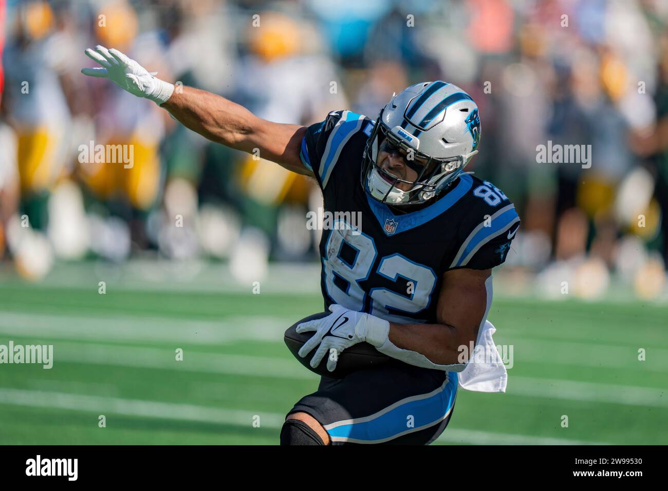 Carolina Panthers tight end Tommy Tremble (82) reacts during an NFL football game against the ...