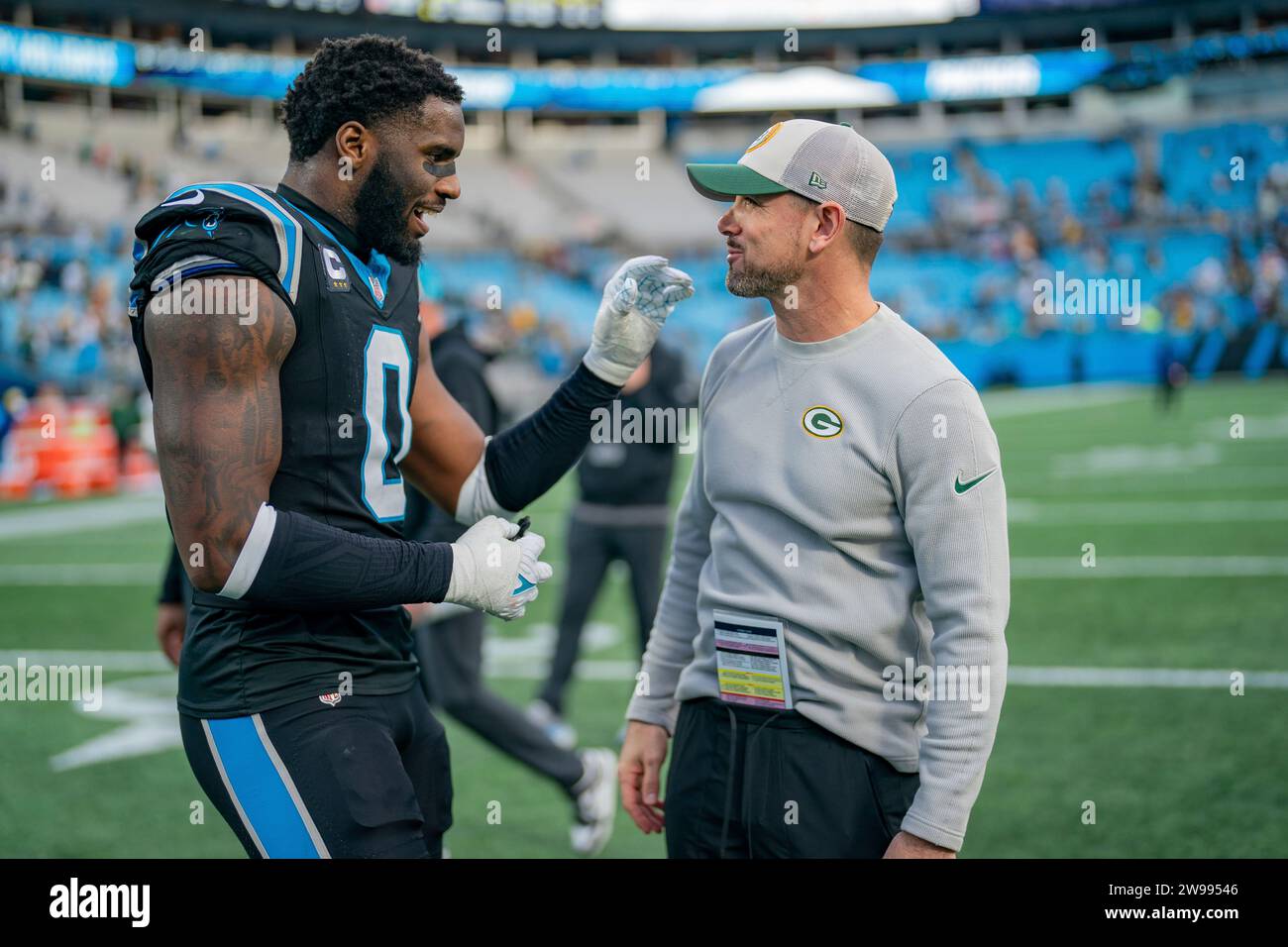 Carolina Panthers linebacker Brian Burns (0) talks with Green Bay ...