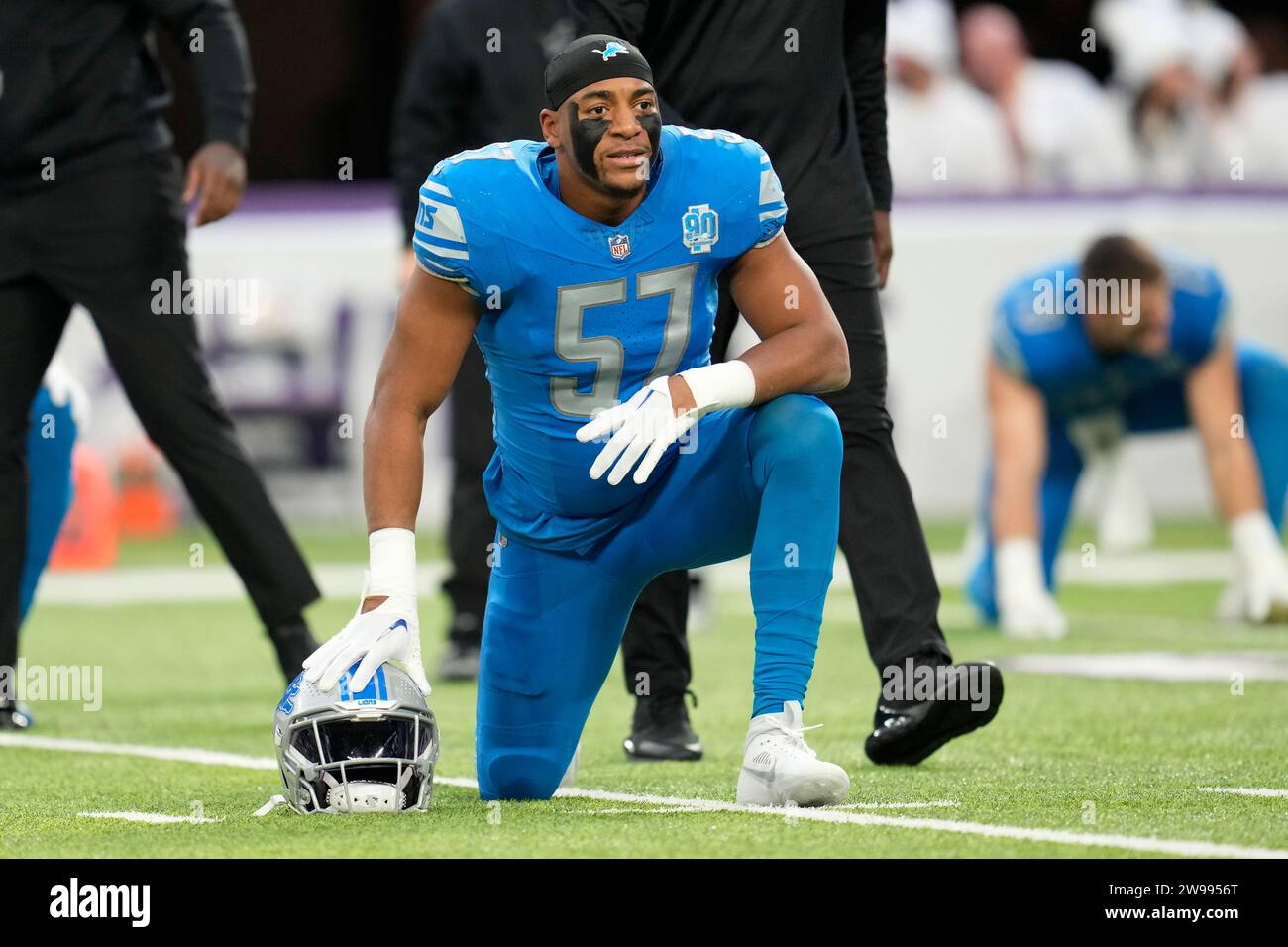 Detroit Lions linebacker Anthony Pittman (57) stretches before an NFL ...
