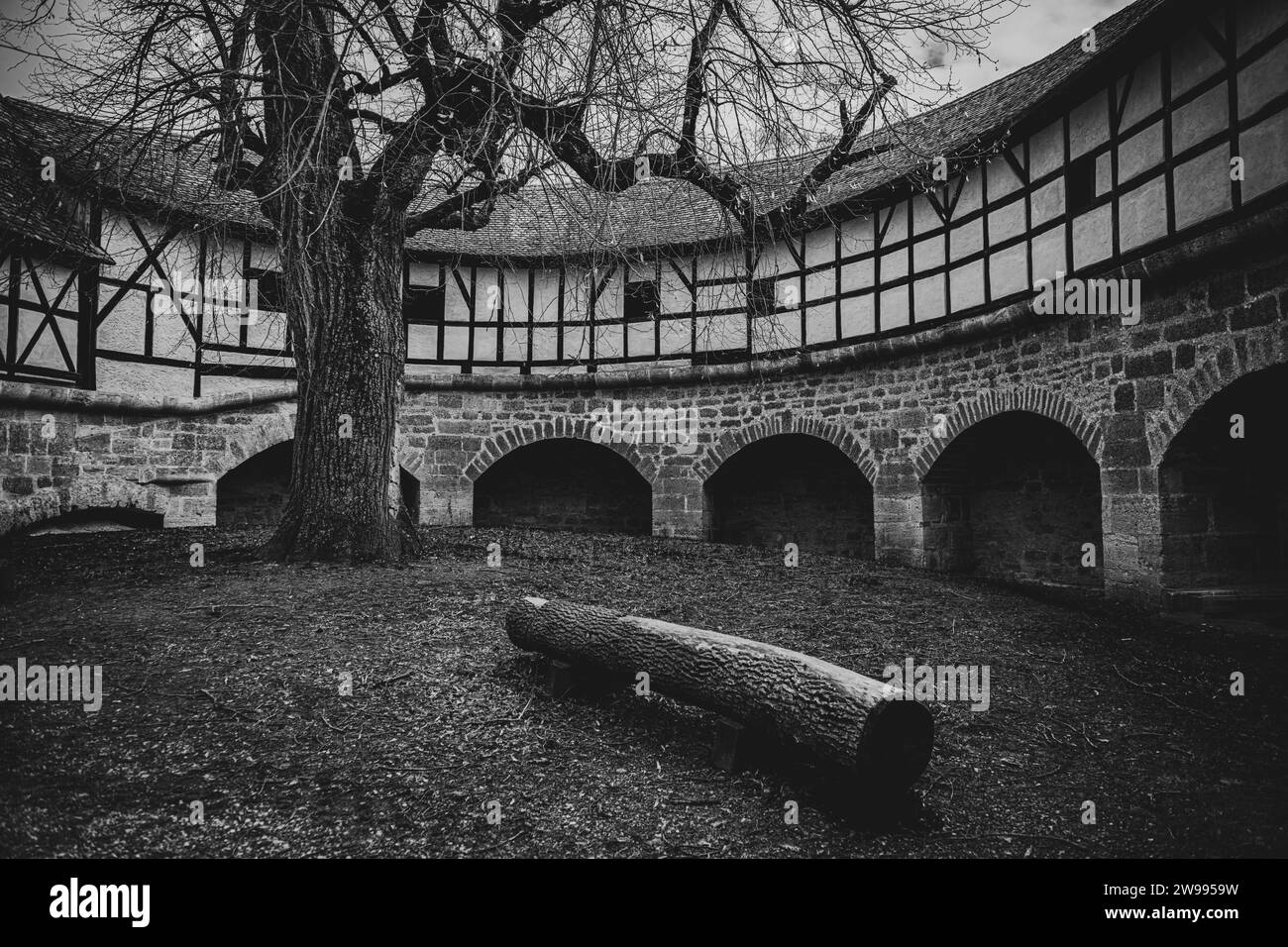 A grayscale of a stone courtyard with a large tree log scattered around ...