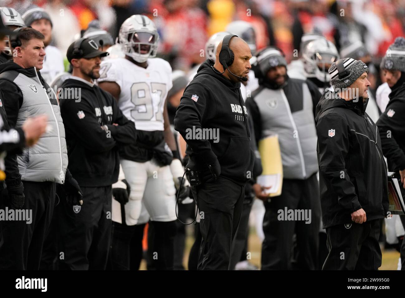 Las Vegas Raiders interim head coach Antonio Pierce watches from the sidelines during the first ...