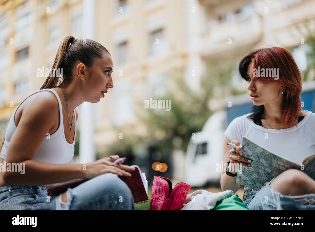 Two high school girls collaborating on a school project and studying ...
