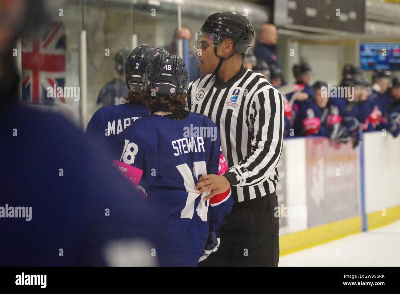 Dumfries, 14 December 2023. Linesperson Anthony Lapointe holding ...