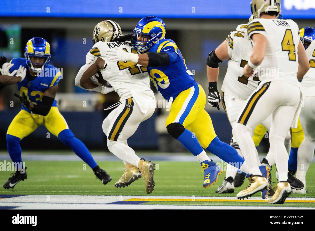 Los Angeles Rams defensive tackle Aaron Donald (99) tackles New Orleans ...