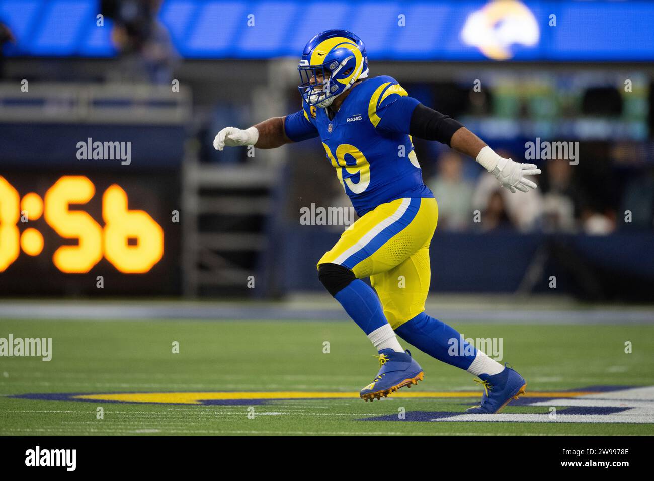 Los Angeles Rams defensive tackle Aaron Donald (99) reacts during an ...