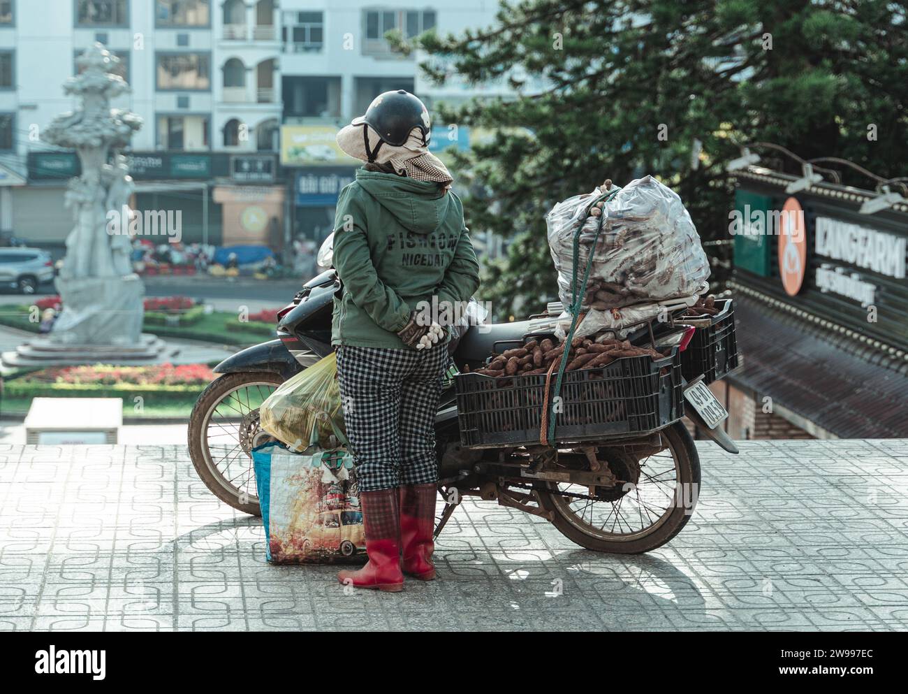 A merchant lady with her good on motorbike, Da Lat City, Vietnam Stock ...