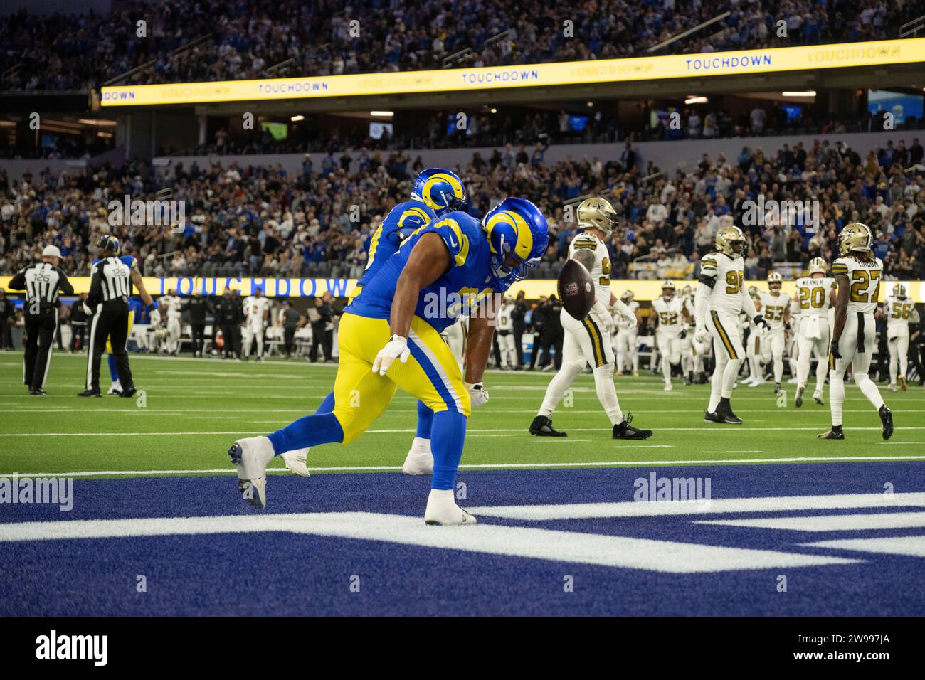 Los Angeles Rams guard Steve Avila (73) celebrate the team's touchdown ...