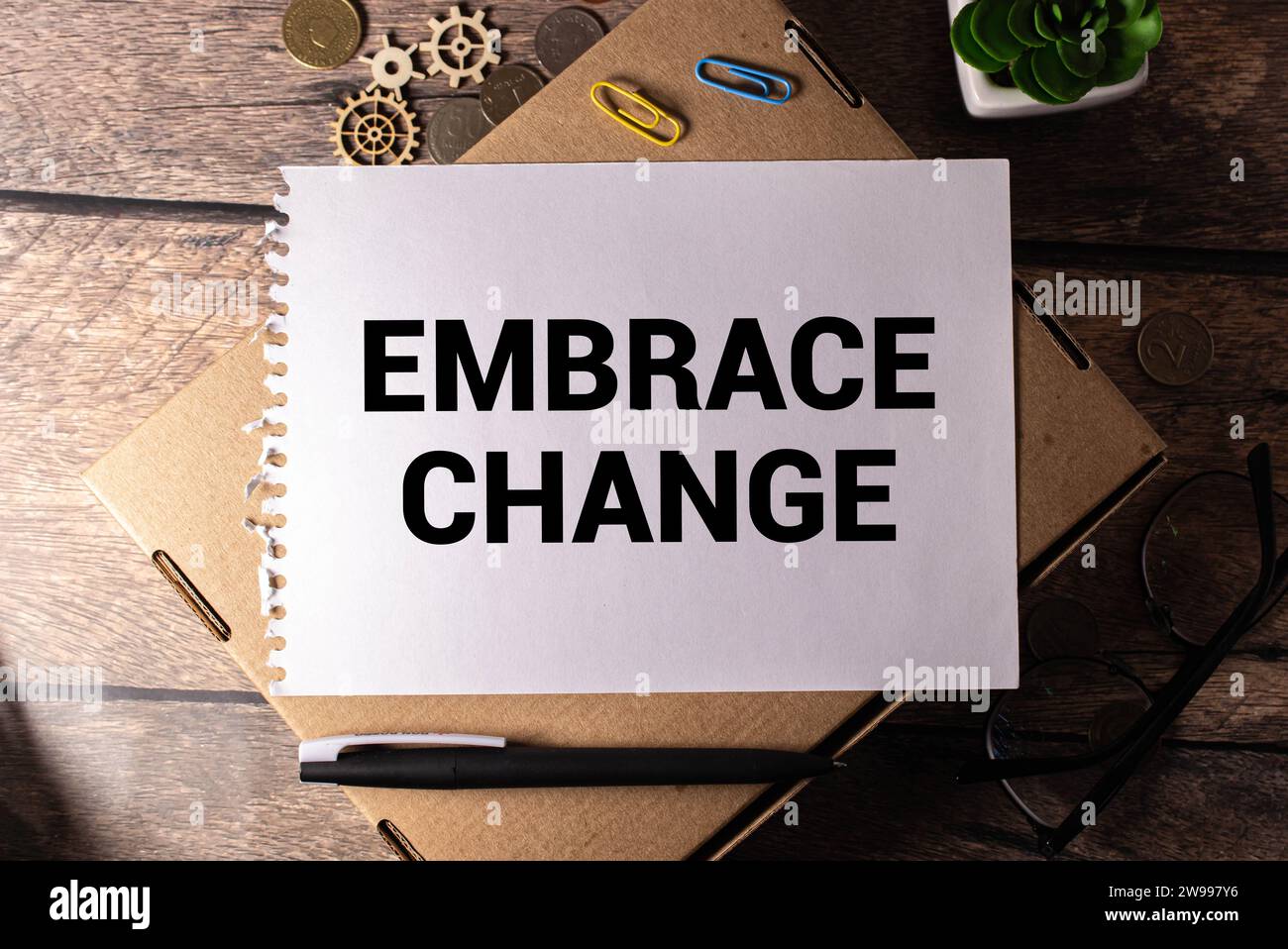 Embrace Change Text written on notebook page, red pencil on the right ...