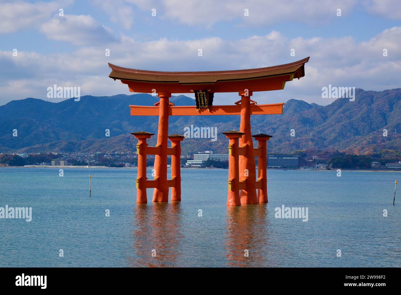 Photo of the great Toori Red Gate in Miyajima during the high tide. In ...