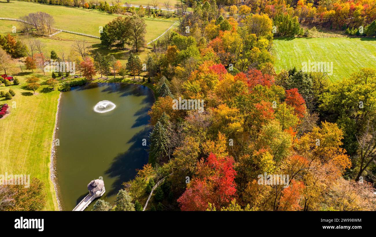An Aerial View of a Beautiful Estate, With a Pond, Gazebo, Fountain ...