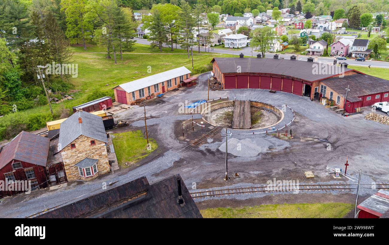 An Aerial View of a Restored Narrow Gauge Train Yard, With Coal Hoppers ...