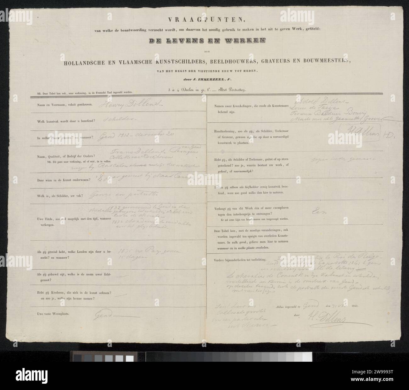 Survey form completed by Henri Dillens, Johannes Immerzeel, 1841 ...