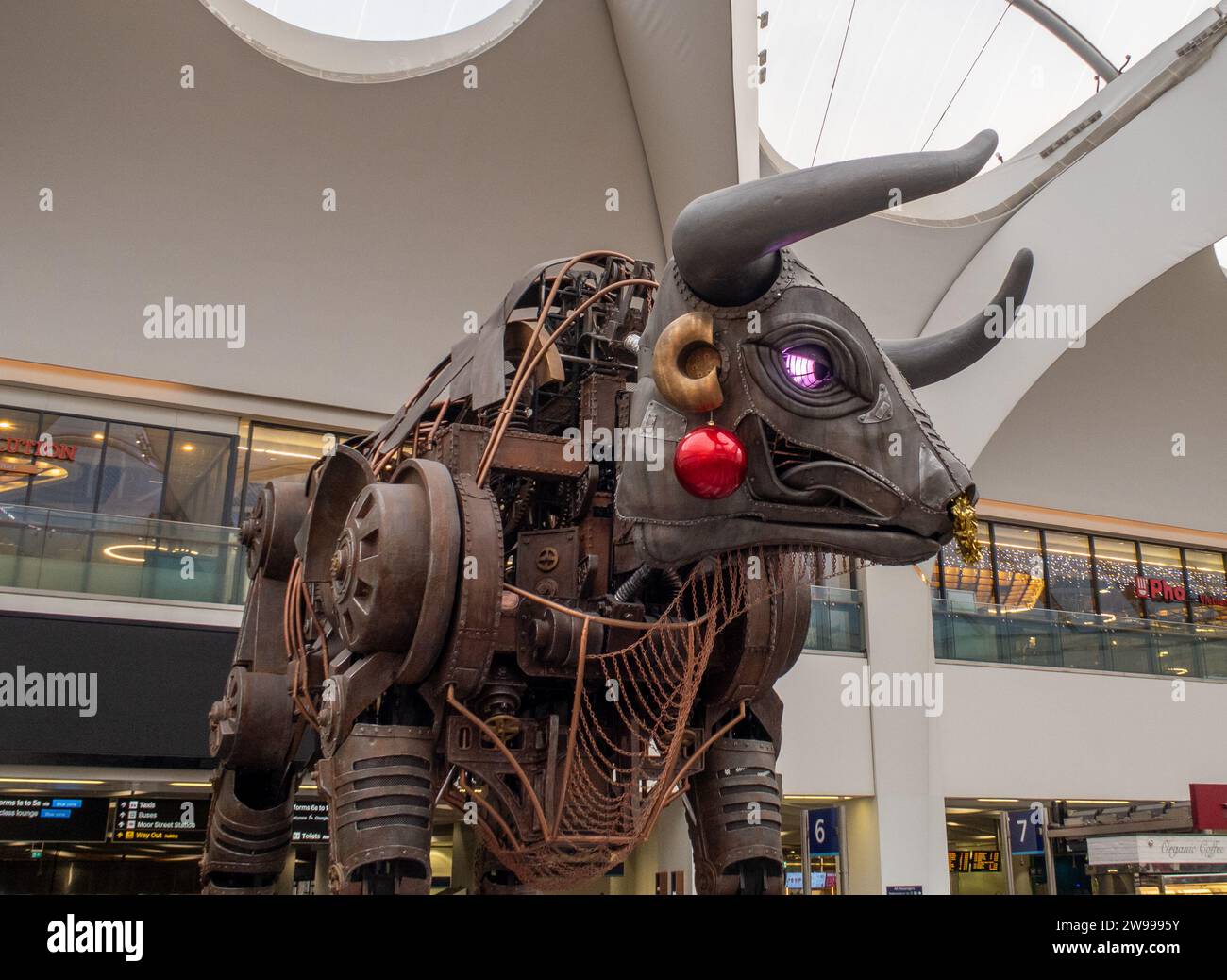 A metal sculpture of a bull stands in a public park in Birmingham ...