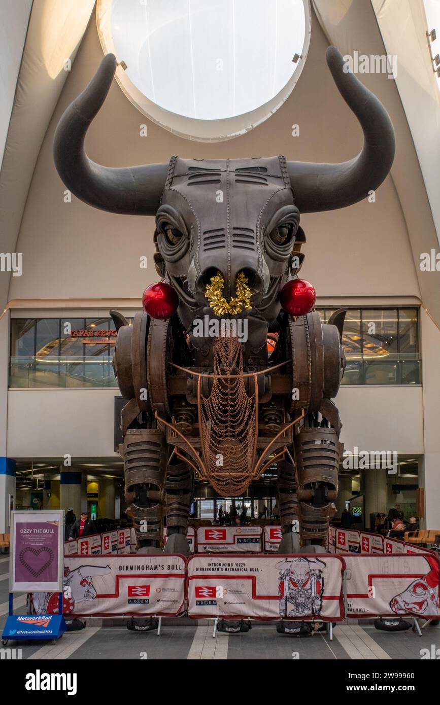 A metal sculpture of a bull stands in a public park in Birmingham ...