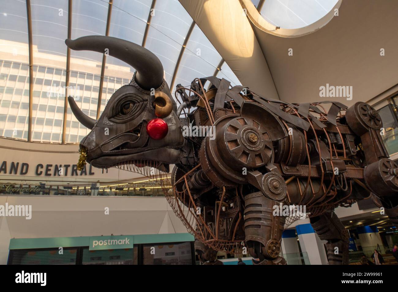 A metal sculpture of a bull stands in a public park in Birmingham ...