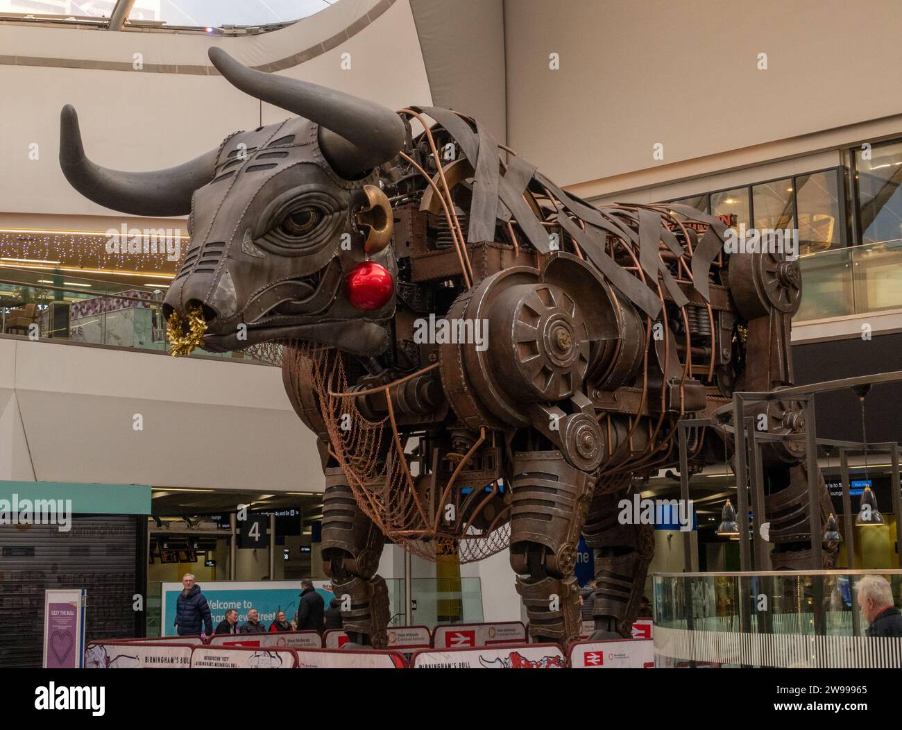A metal sculpture of a bull stands in a public park in Birmingham ...