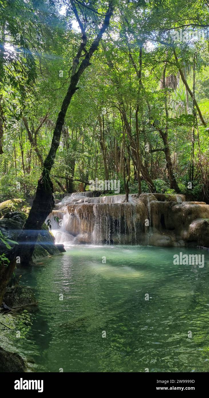 A scenic view of Erawan Falls in West Thailand in the Tenasserim Hills ...