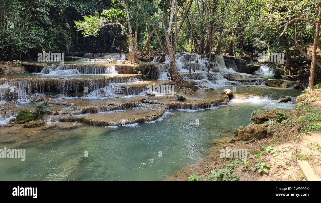 A scenic view of Erawan Falls in West Thailand in the Tenasserim Hills ...