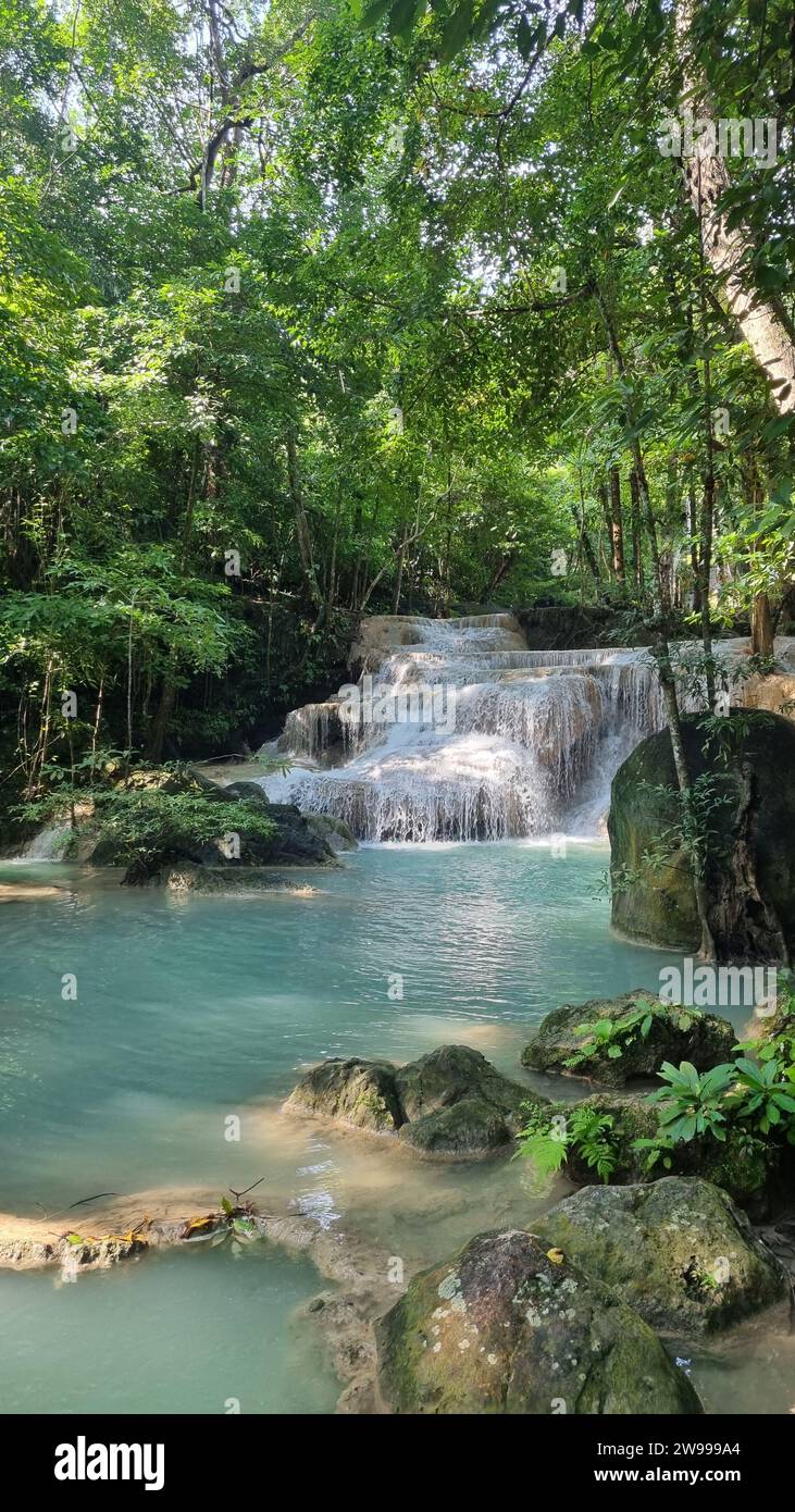 A scenic view of Erawan Falls in West Thailand in the Tenasserim Hills ...