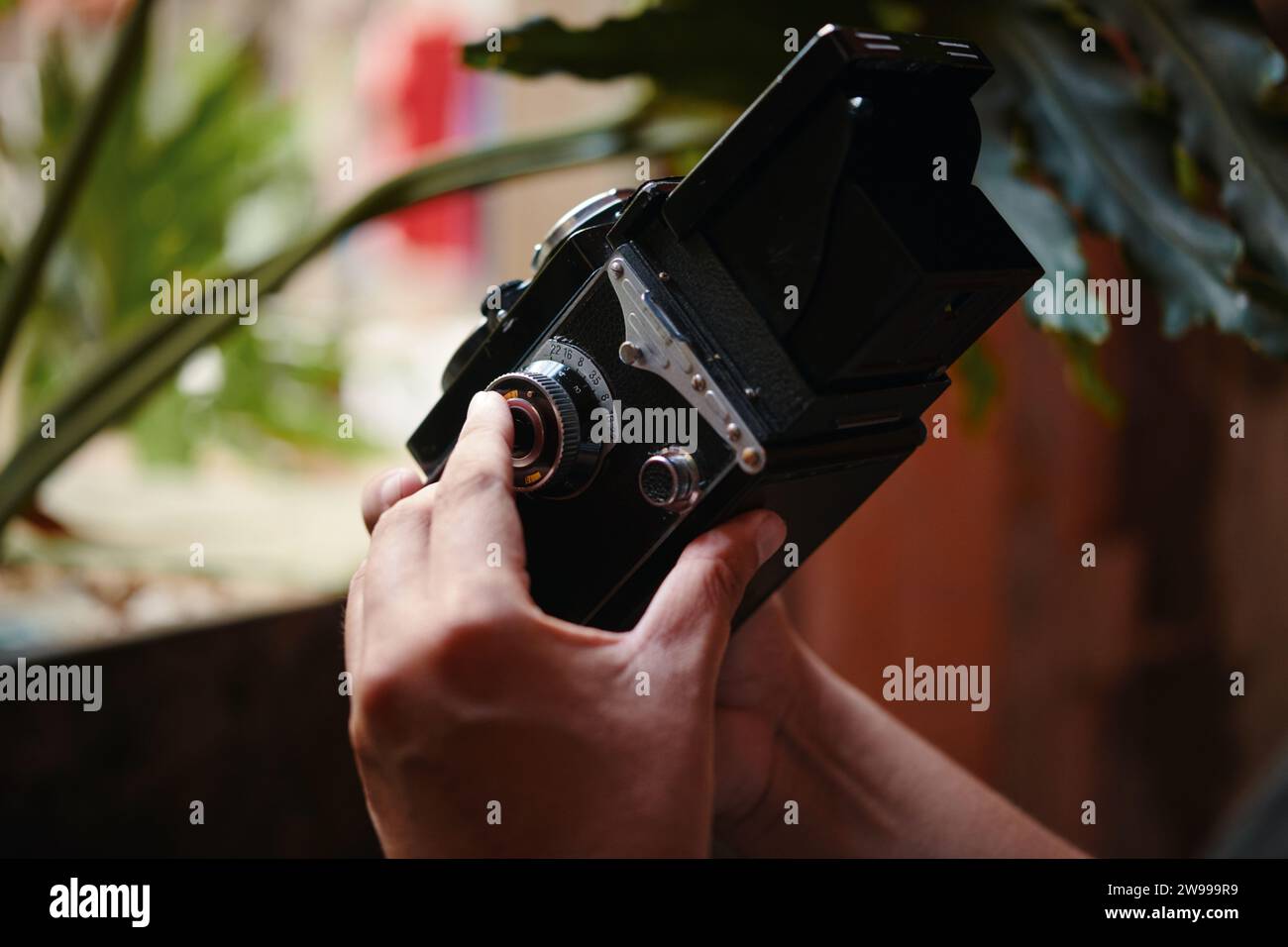 Closeup image of photographer checking if his old camera words Stock ...