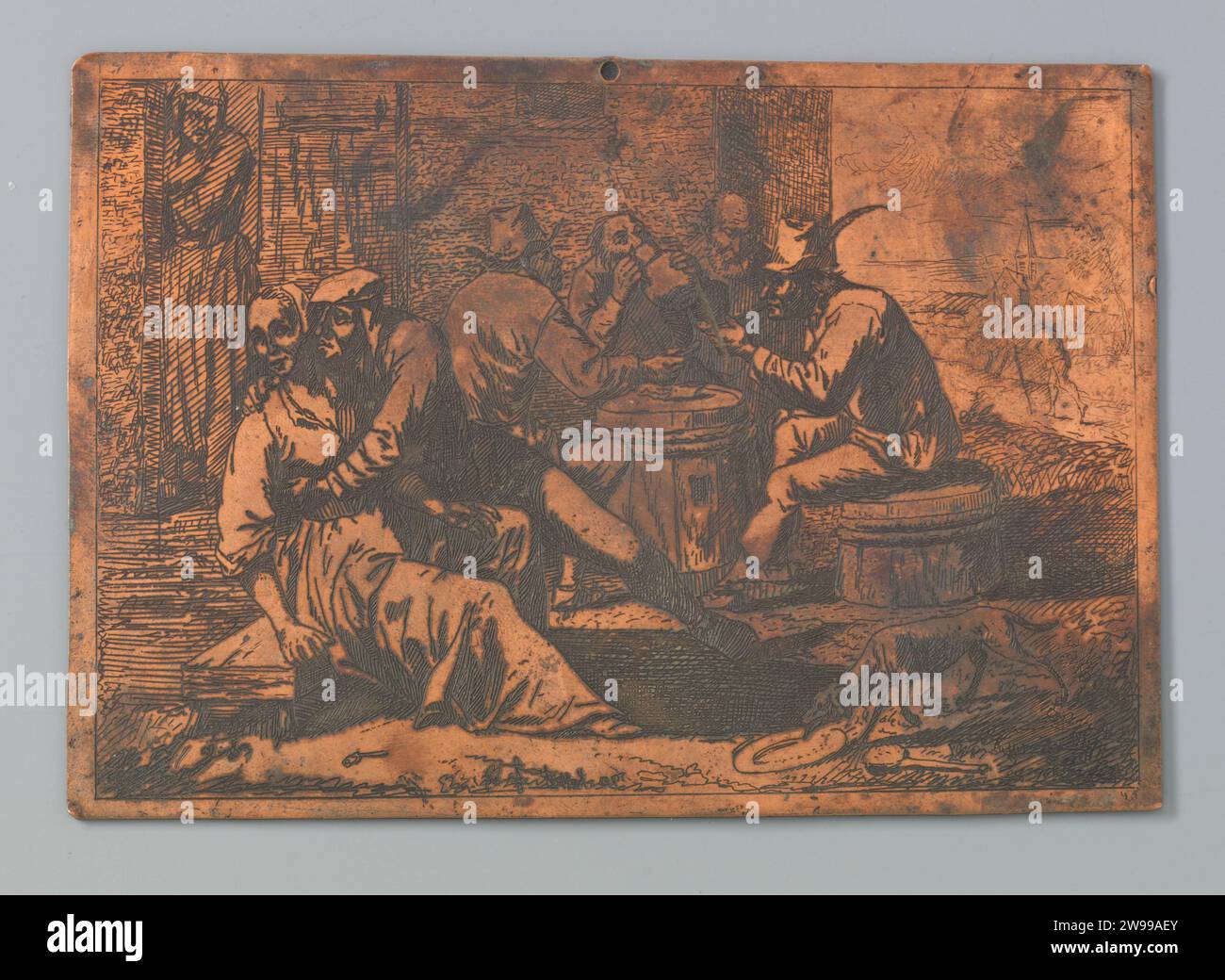 Free pair and farmers sitting around a ton, c. 1650 - c. 1750 copper ...