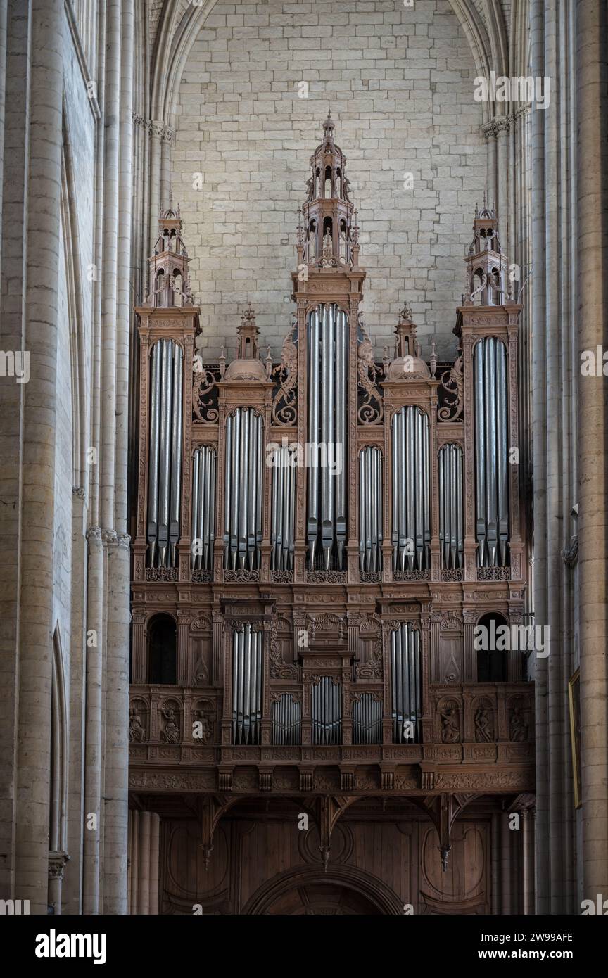 Detail of the large musical organ inside the cathedral Saint-Julien du ...