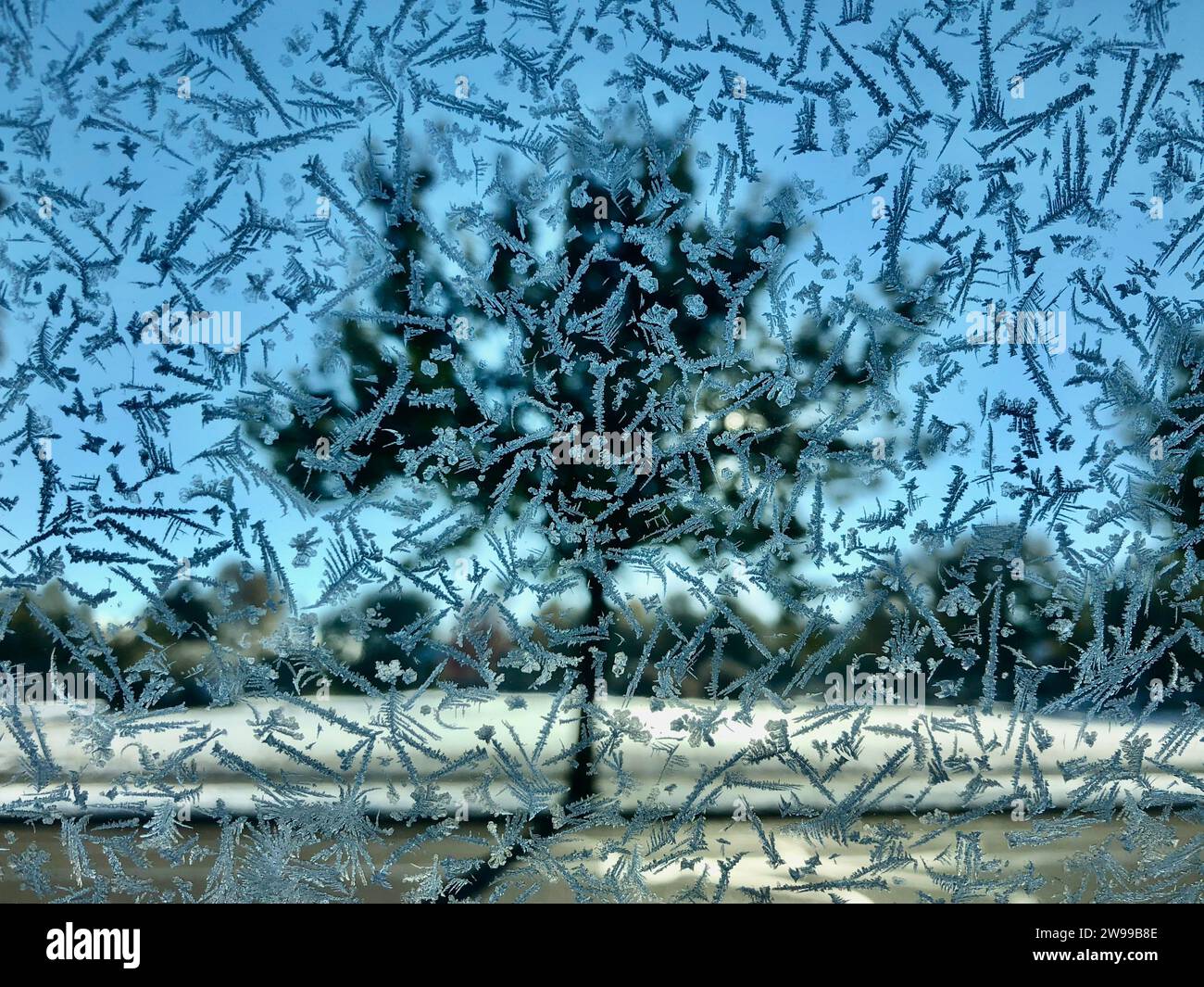 A close-up view of a car window in a parking lot, covered with frost ...