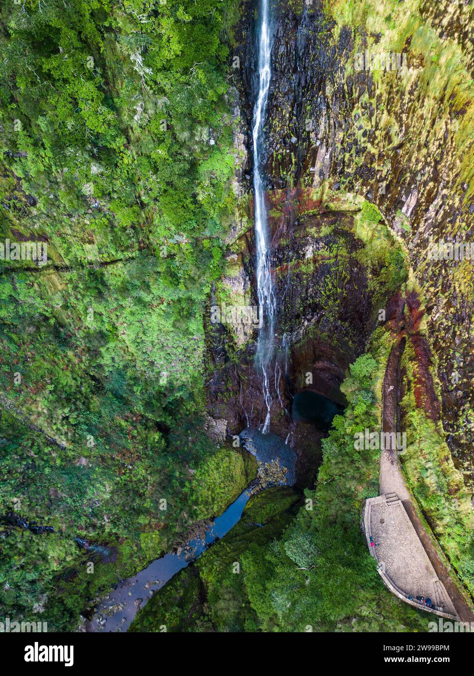 A scenic view of Levada 25 waterfalls surrounded by lush greenery ...