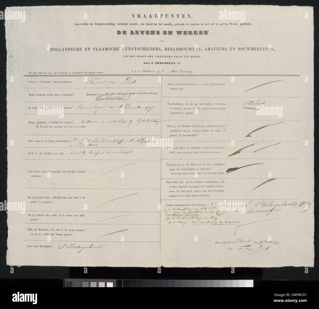 Survey form completed by Thomas van Leent, Johannes Immerzeel, 1841 ...