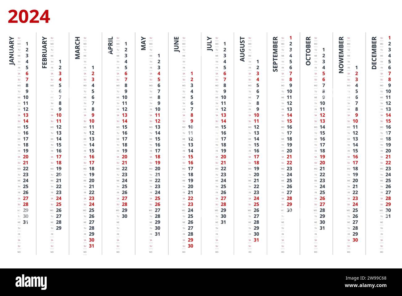Vertical rainbow 2024 calendar vector, english language. 2024 Calendar ...