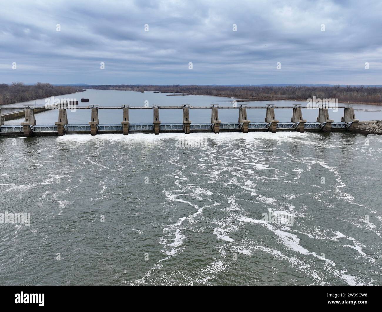 An aerial view of WD Mayo Lock and Dam 14 on the Arkansas River in Fort ...