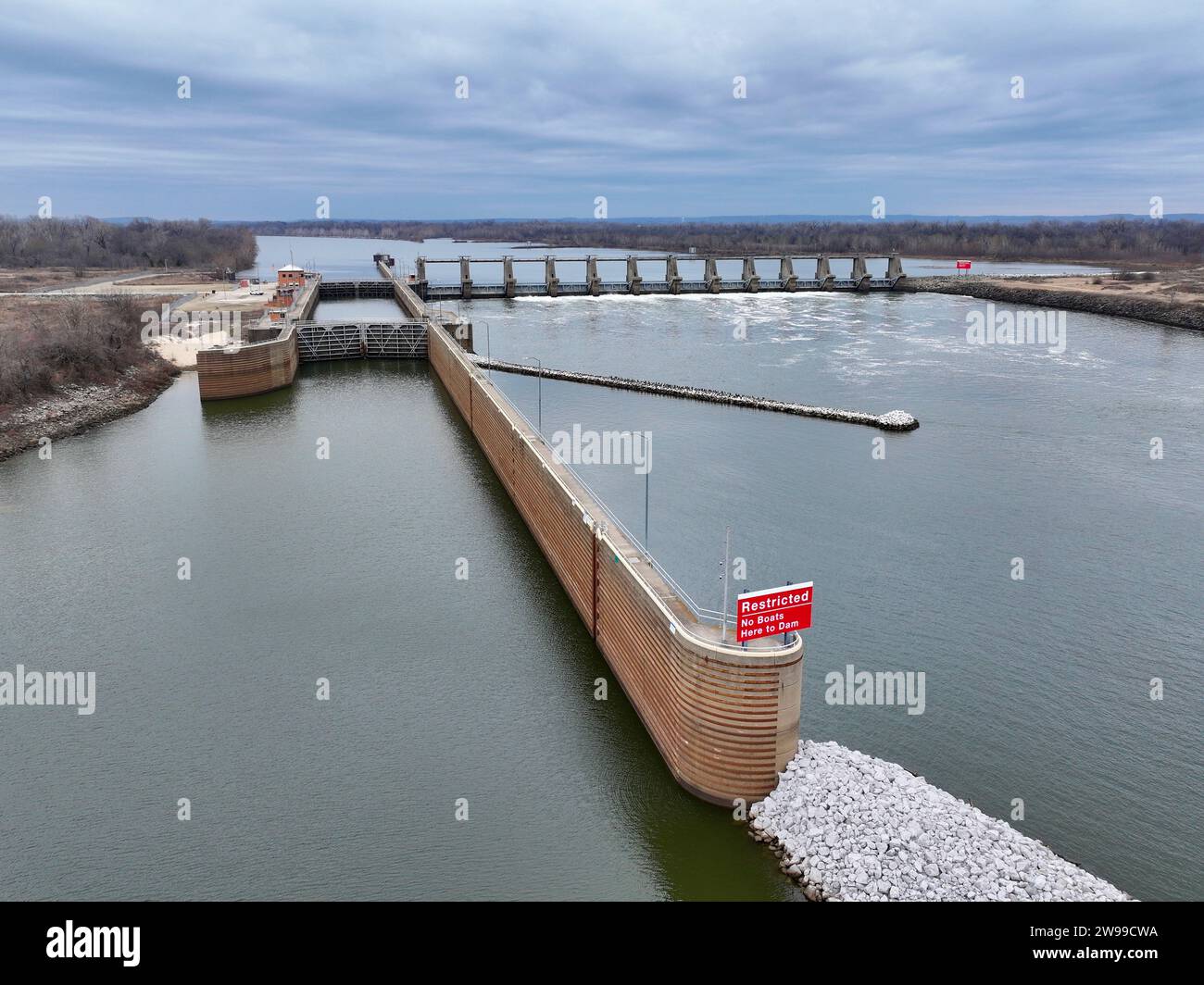 An aerial view of WD Mayo Lock and Dam 14 on the Arkansas River in Fort ...