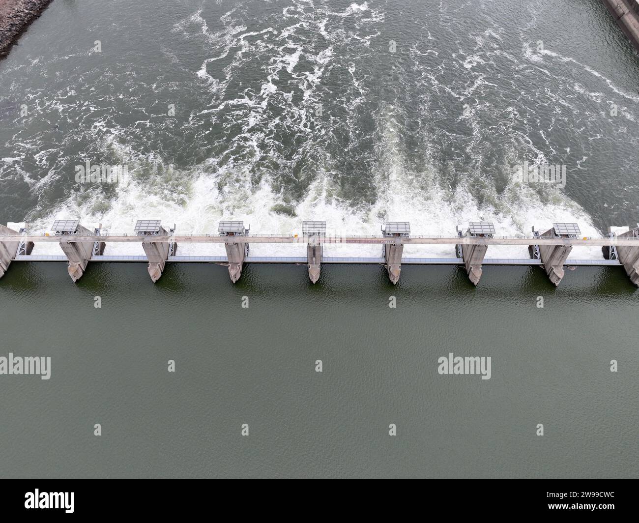 An aerial view of WD Mayo Lock and Dam 14 on the Arkansas River in Fort ...